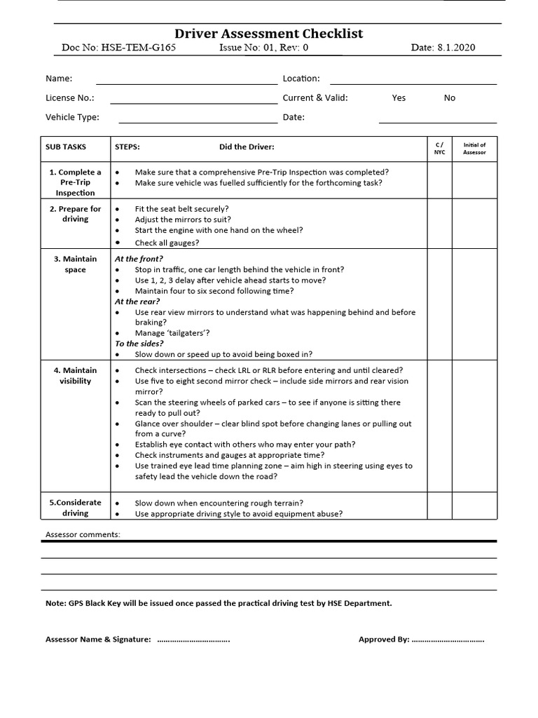 Driving Assessment Form | PDF | Vehicles | Vehicle Technology