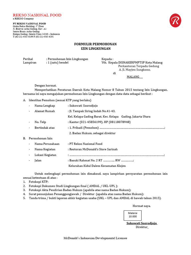Formulir Izin Lingkungan 2020 | PDF