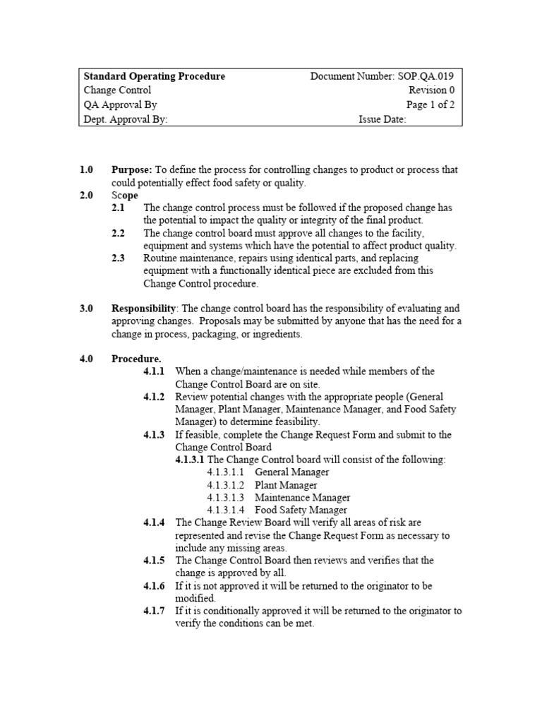 Change Control SOP for Food Safety | PDF | Safety | Food Safety