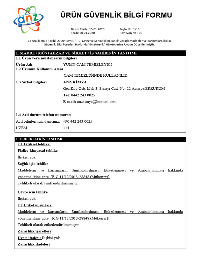 Yumy Cam Temi̇zleyi̇ci̇ - MSDS - TR | PDF