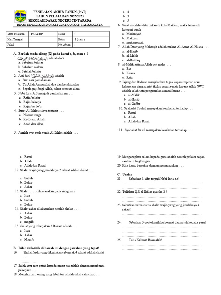 Soal Pat Pai Kelas 1 2022 | PDF