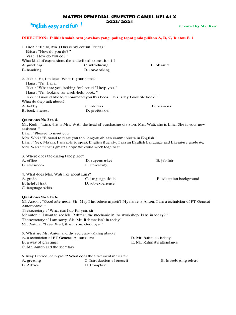 Materi Remedial KLS X Pas Ganjil 2023-2024 | PDF