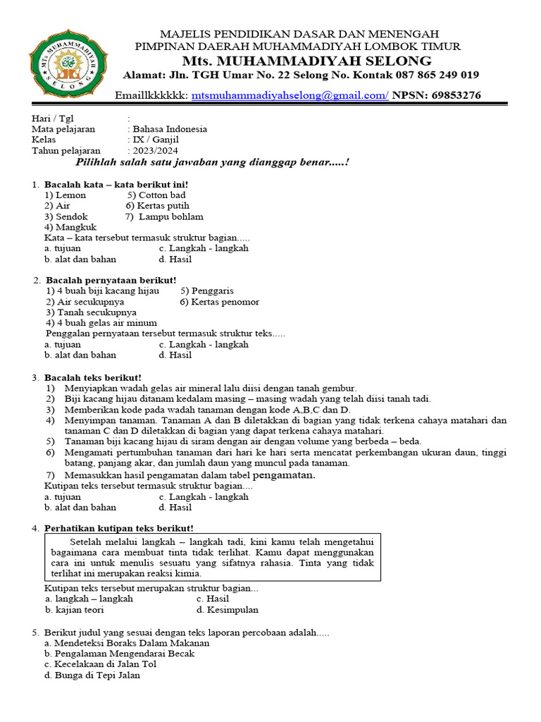 Soal Bahasa Indo Kls Ix Semester Ganjil | PDF