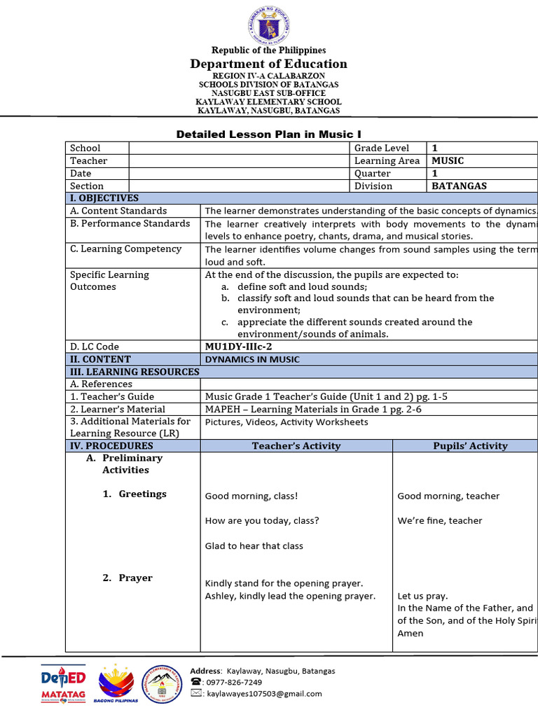 Grade 1 Music Dynamics Lesson Plan | PDF | Teachers | Learning