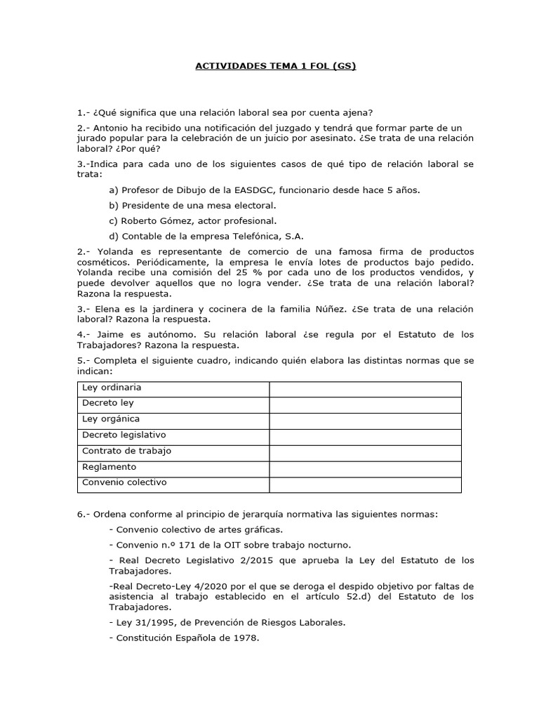 Actividades Tema 1 Fol Gs | PDF | Derecho laboral | Justicia