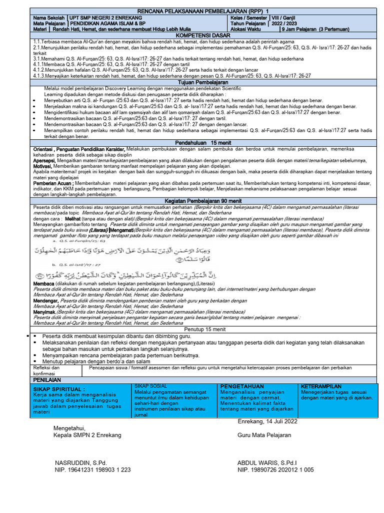 RPP 7 Rendah Hati, Hemat, Dan Sederhana Membuat Hidup Lebih Mulia | PDF