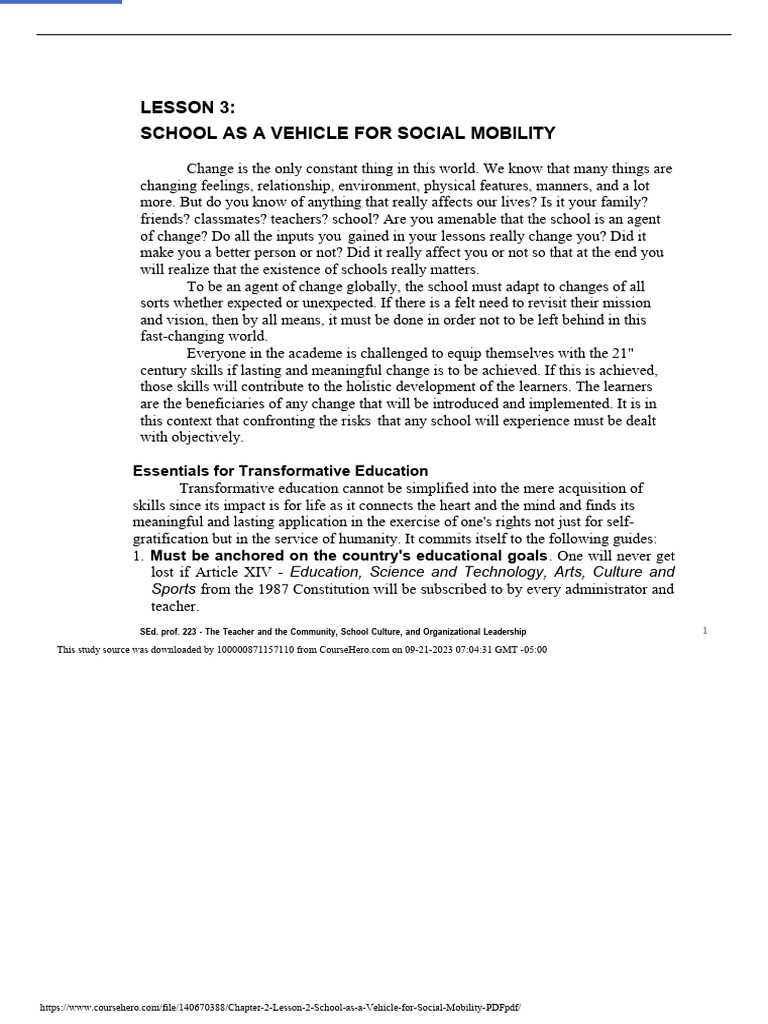 Chapter 2 Lesson 2 School As A Vehicle For Social Mobility PDF | PDF | Learning | Attitude ...