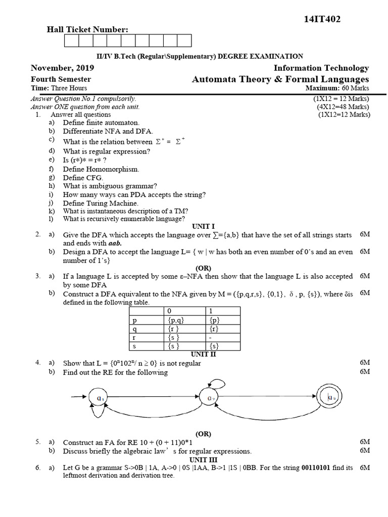 Hall Ticket Number:: Fourth Semester | PDF | Mathematical Logic ...