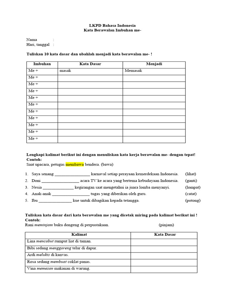 LKPD Imbuhan Me untuk Kelas 4 dan 5 | PDF | Karier & Perkembangan ...