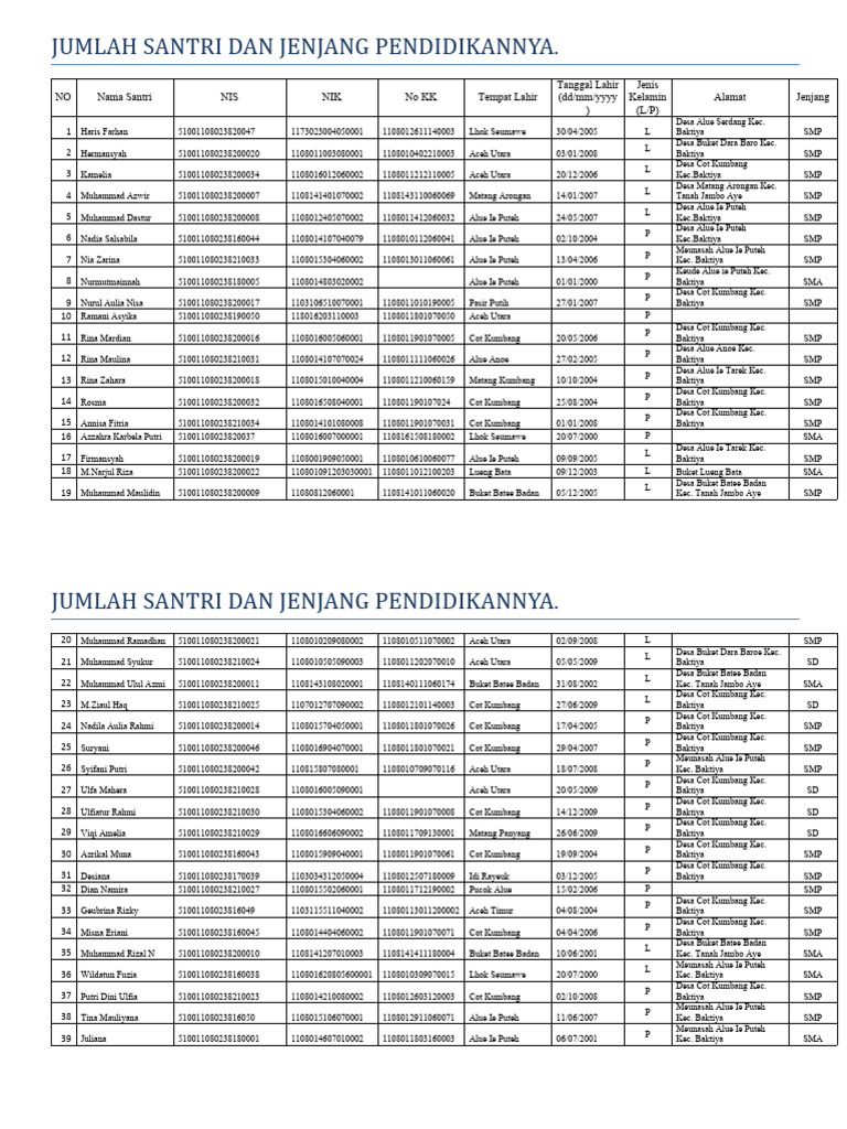 Data Santri dan Jenjang Pendidikan | PDF