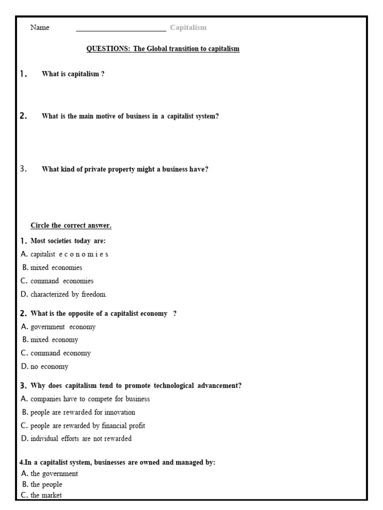 Capitalism Worksheet | PDF | Finance & Money Management