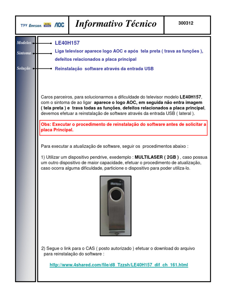 Inf Tec Atualização+software+le40h157 | PDF | Pen-drive | USB