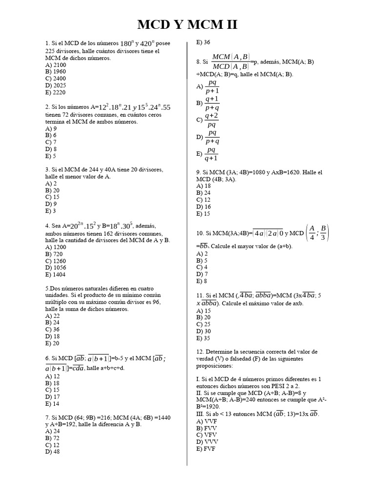 Doc3. MCD Y MCM II | PDF | Teoría de los números | Matemática Elemental