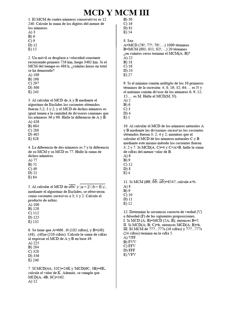MCD y MCM: Ejercicios y Cálculos | PDF | Aritmética | Matemáticas discretas