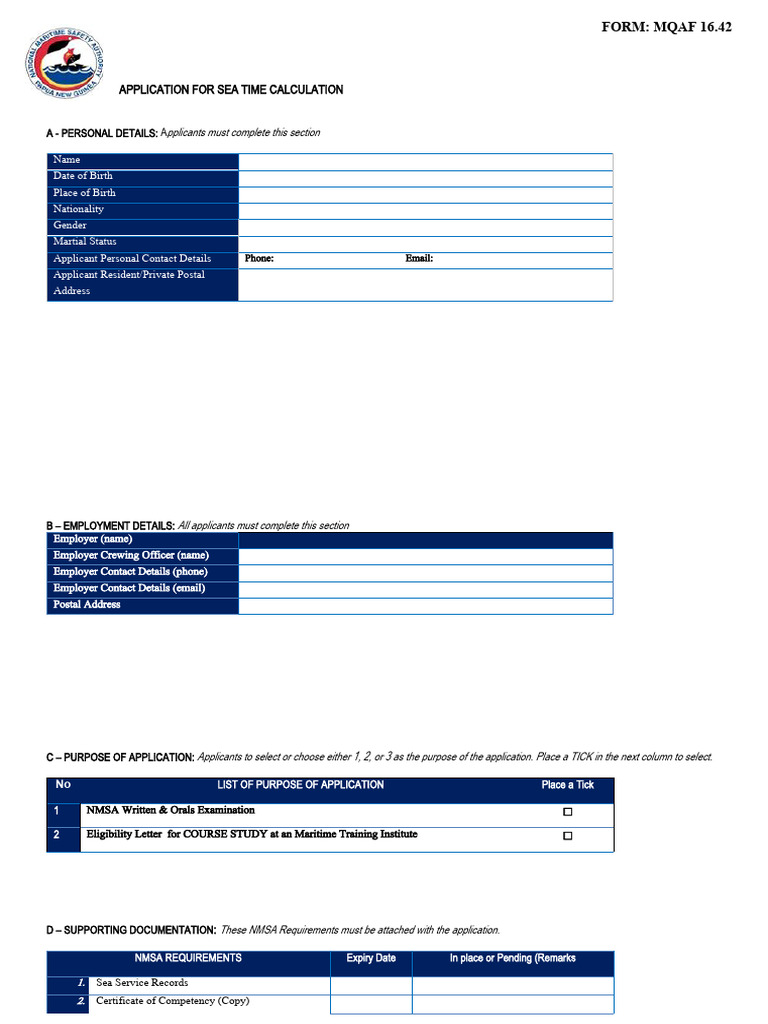 MQAF 16.42 - APPLICATION FORM - Sea Time Calculation & Eligibility ...