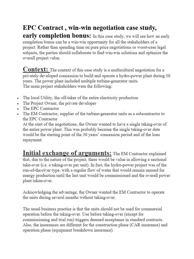 Early Completion Bonus in EPC Contracts | PDF | Negotiation | Insurance
