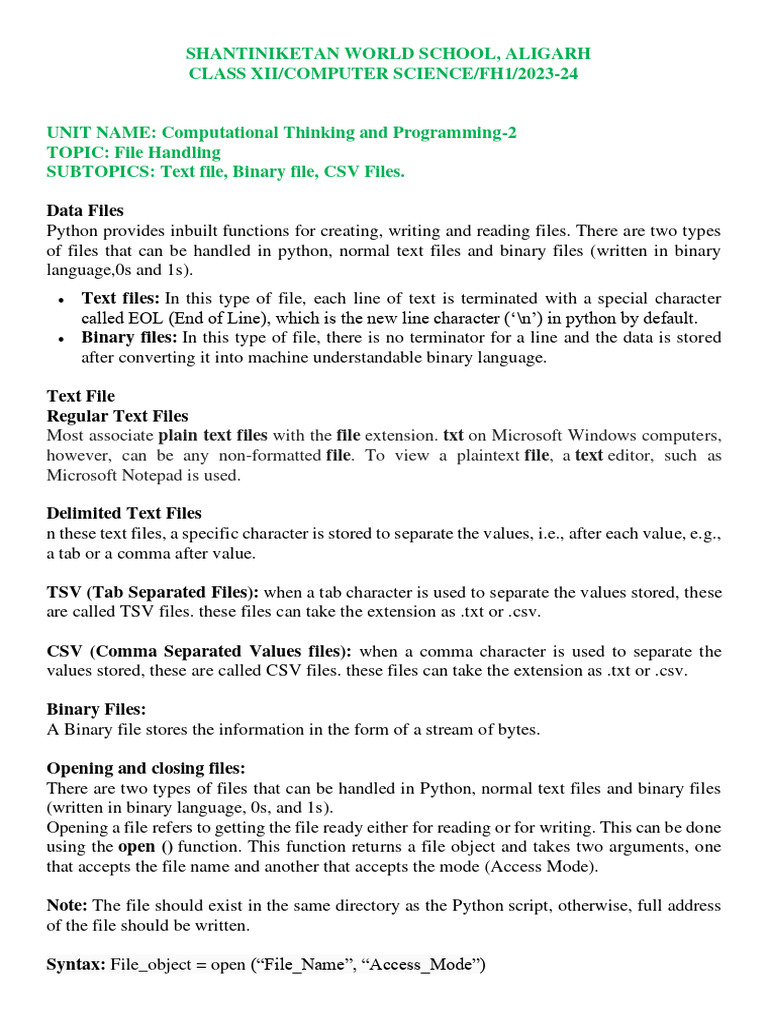 23 Class 12 FileHandling 1 | PDF | Text File | Computer File