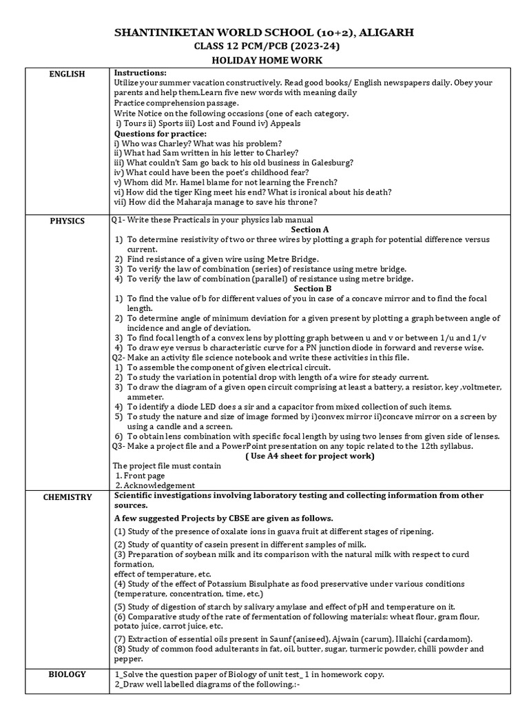 Class 12 PCM & PCB Holiday Homework | PDF