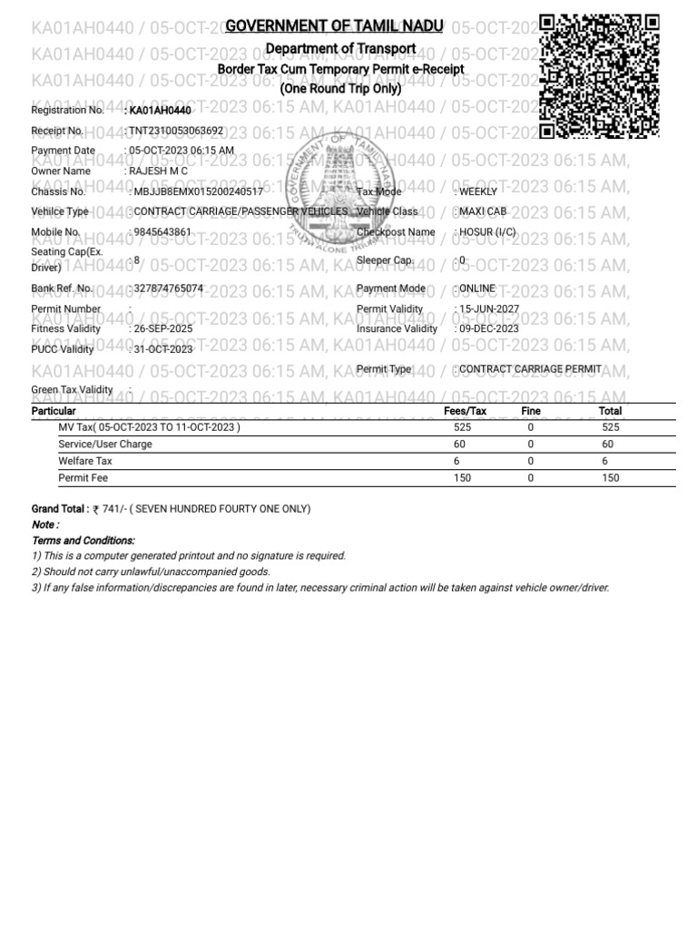 Department of Transport: Border Tax Cum Temporary Permit E-Receipt (One ...