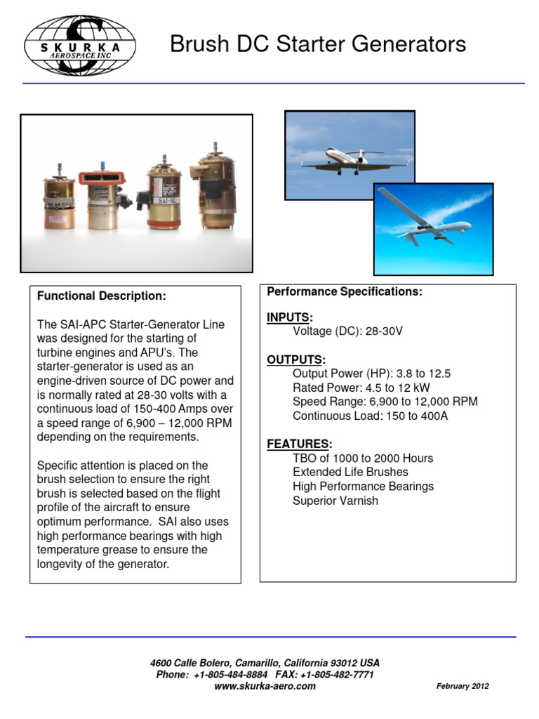 Skurka Aerospace DC Brush Starter Generator Data Sheet | PDF
