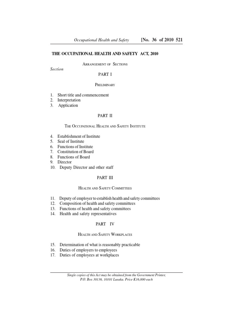 Zambia Occupational Health Act 2010 | PDF | Occupational Safety And ...