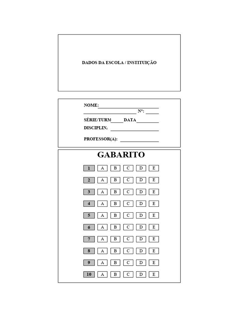 Modelo de Gabarito 2 Vias 10 Questoes 1 Via 20 Questoes | PDF ...