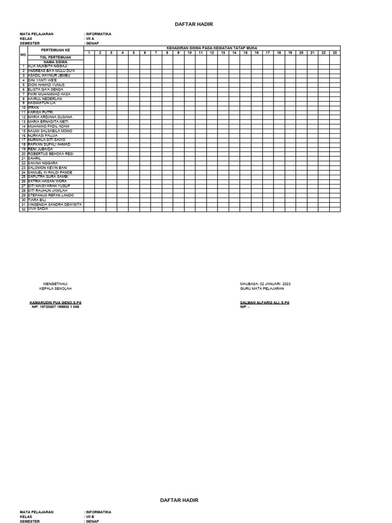 Daftar Hadir Cholid 2022-2023 | PDF