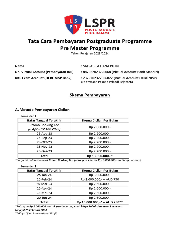 (Booking Fee) Skema Pembayaran Pre Master Programme Batch 18 - SALSABILA HANA PUTRI | PDF