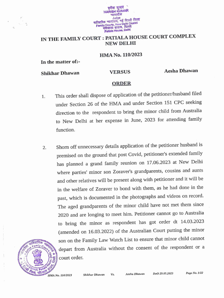 Shikhar Dhawan Vs Aesha Dhawan May 29 Order | PDF