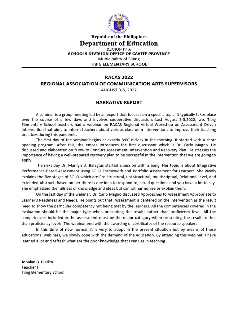 Racas Narrative Jonalyn B. Clarito | PDF | Educational Assessment | Teachers