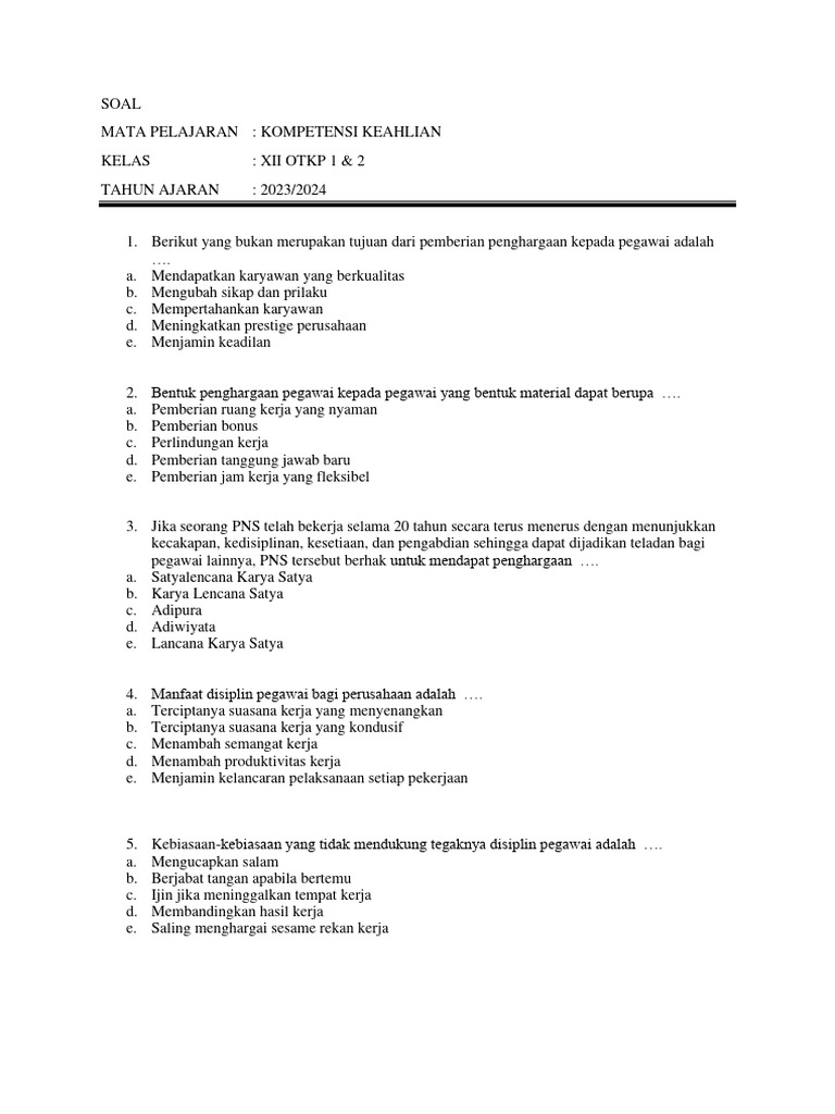 Soal Latihan Kompetensi Keahlian Kelas Xii Otkp | PDF