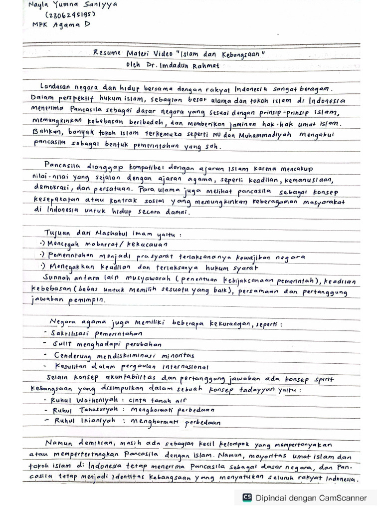 Nayla Yumna Saniyya - 2306245195 - Resume 9 (Islam Dan Kebangsaan) | PDF