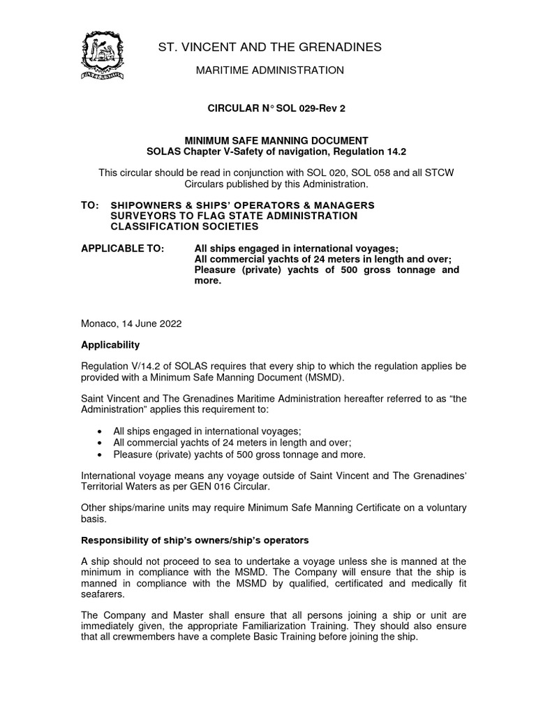 SOL 029 Minimum Safe Manning Document - Rev. 2 | PDF | Ships | Shipping