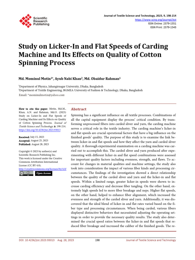 Study On Licker-In and Flat Speeds of Carding Machine and Its Effects ...