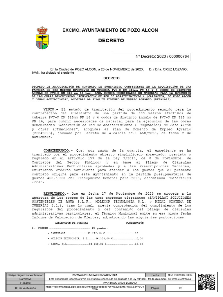 Decreto de Adjudicación Suministro Tuberías | PDF
