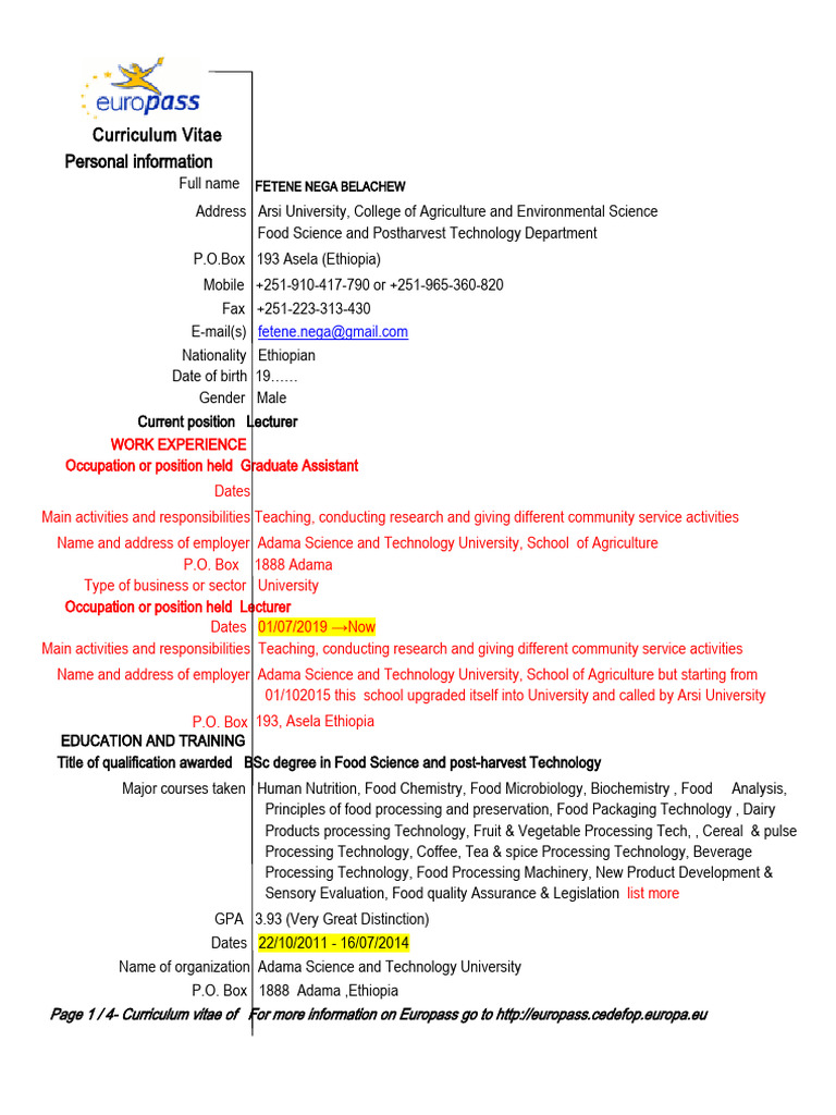CV Eurpass | PDF | Ethiopia | Nutrition