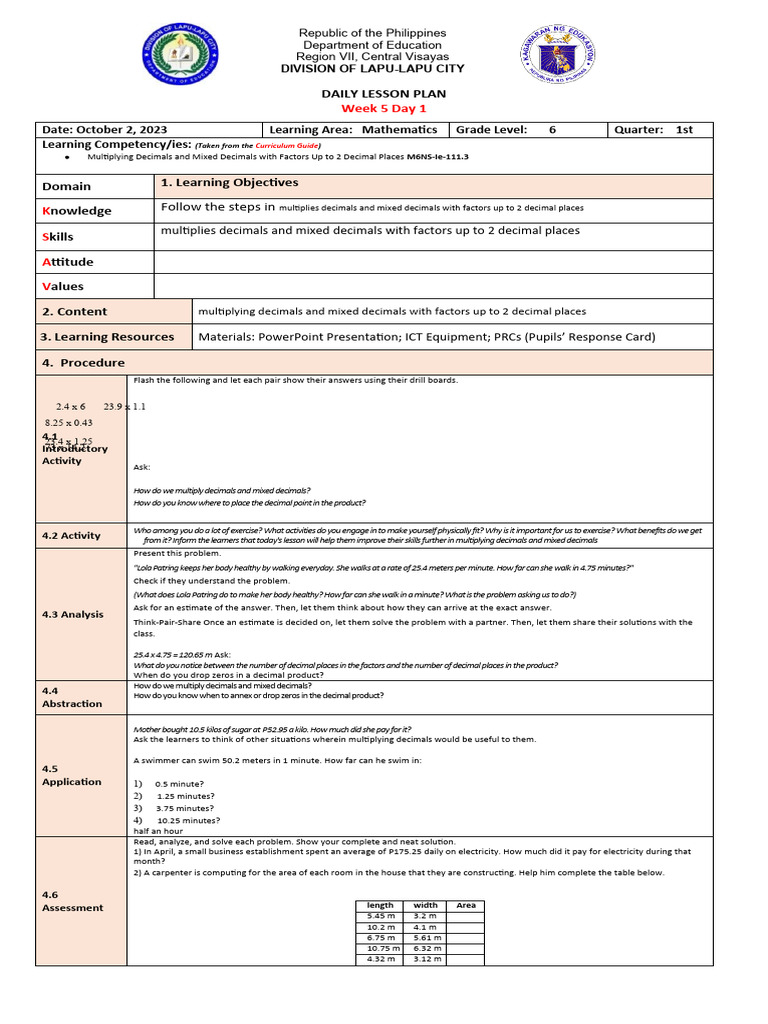 DLP Math 6 Q1 Week5 Day 1 5 | PDF | Learning | Multiplication