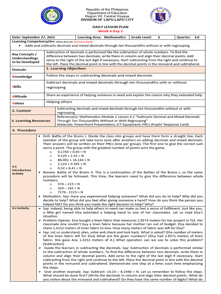 DLP Math 6 Q1 Week4 Day 1 5 | PDF | Subtraction | Mathematics