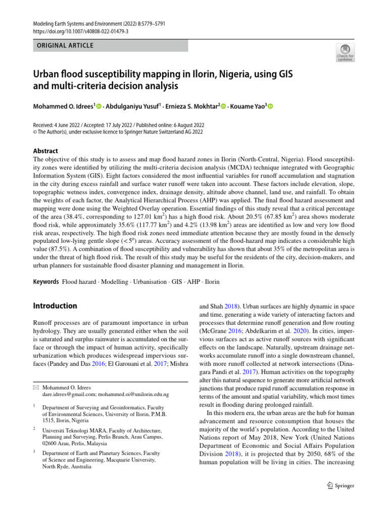 Urban Flood Susceptibility Mapping in Ilorin, Nigeria, Using GIS and Multi Criteria Decision ...