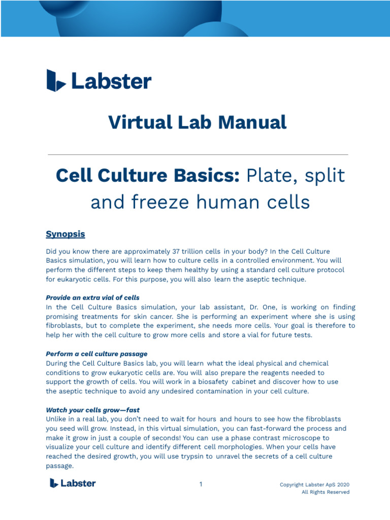 Cell Culture Basics - Plate, Split and Freeze Human Cells Lab Manual ...