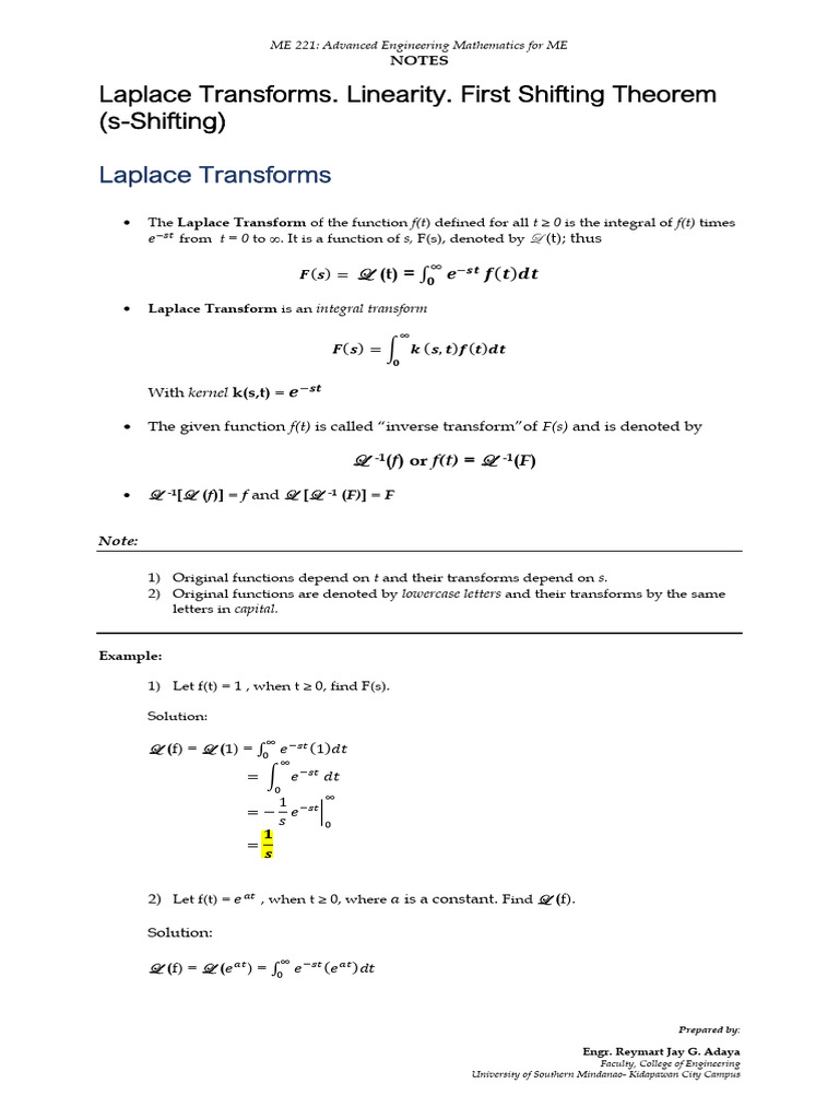 Laplace Transforms. Linearity. First Shifting Theorem | PDF | Calculus | Mathematical Analysis