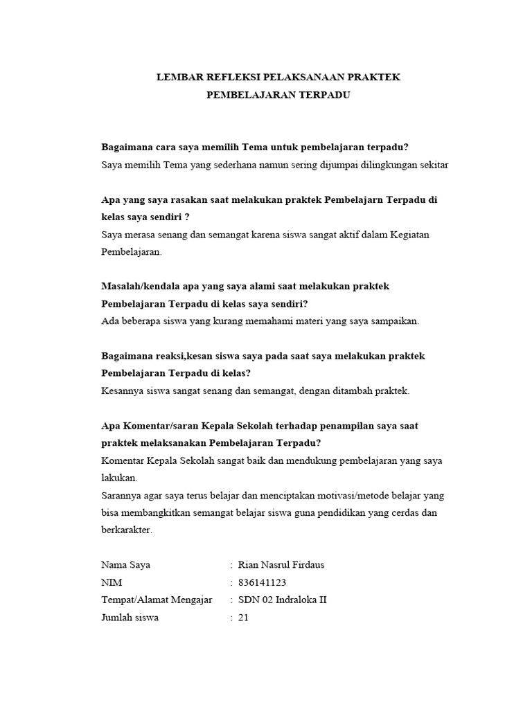 Lembar Refleksi Pelaksanaan Praktek | PDF