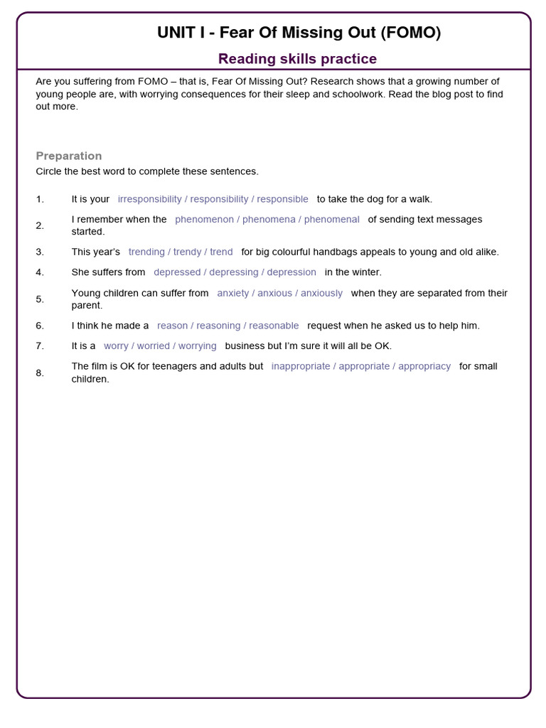 Unit 1 - Fomo | PDF | Social Media | Popular Culture & Media Studies