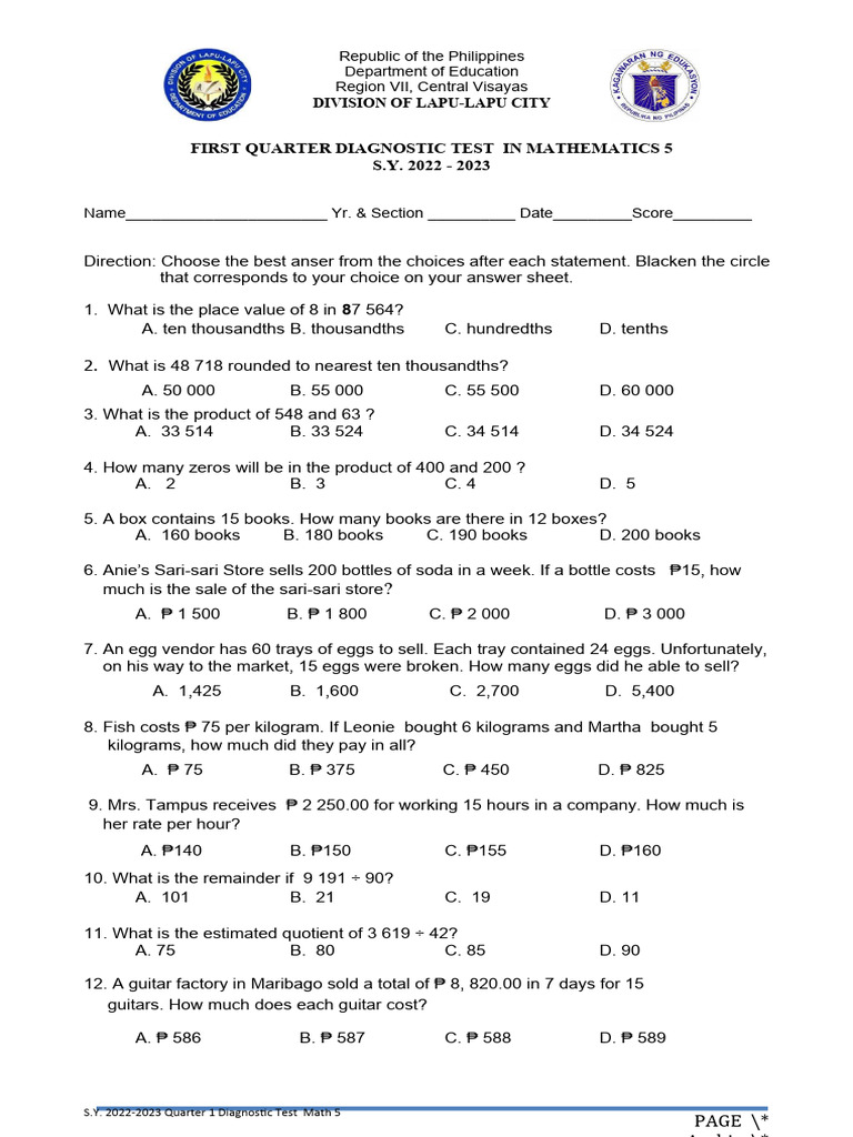 Math 5 First Quarter Diagnostic Test | PDF