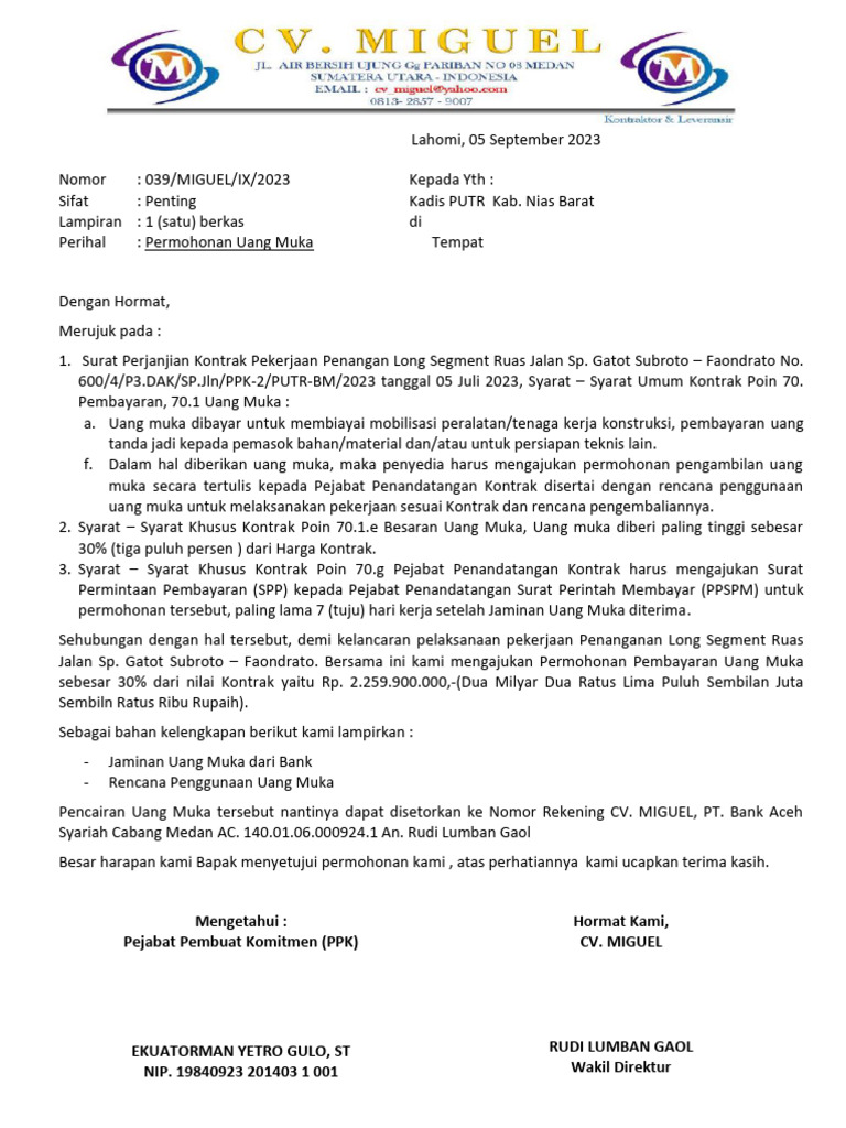 Permohonan Uang Muka CV. Miguel | PDF | Pengelolaan Keuangan & Uang | Hukum