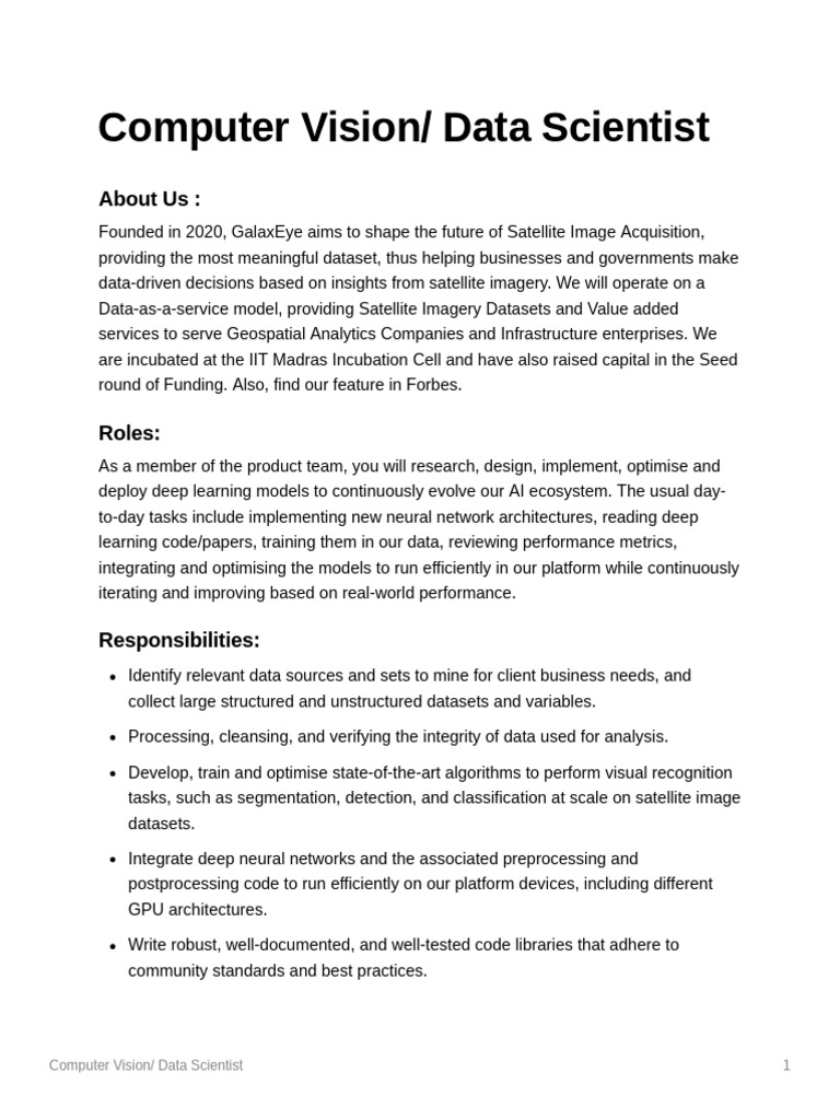 JD For DataScientist GalaxEye Space | PDF | Deep Learning | Data Science