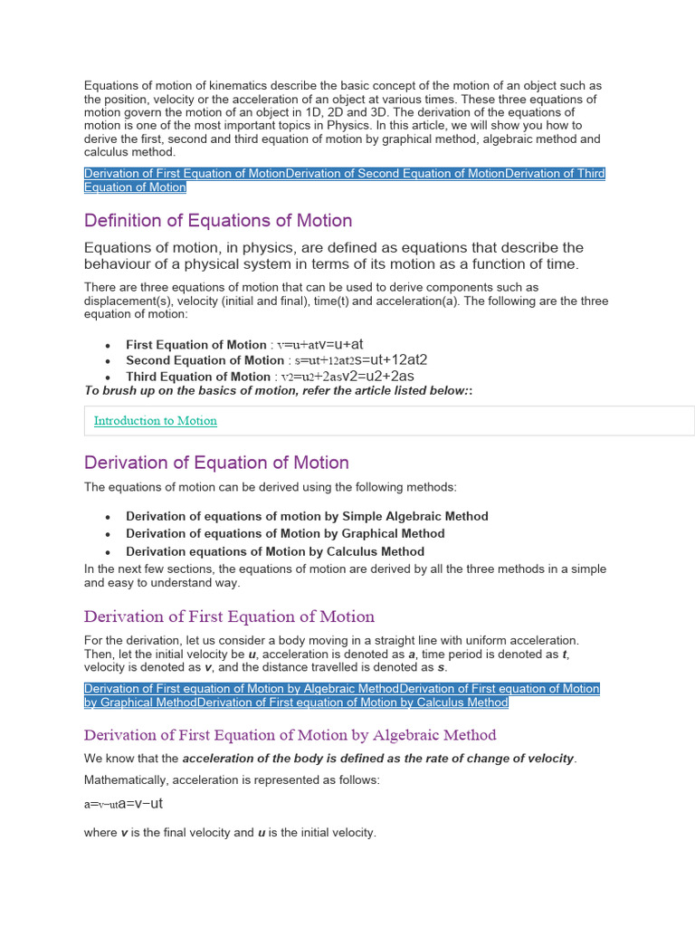 Equations of Motion of Kinematics Describe The Basic Concept of The ...