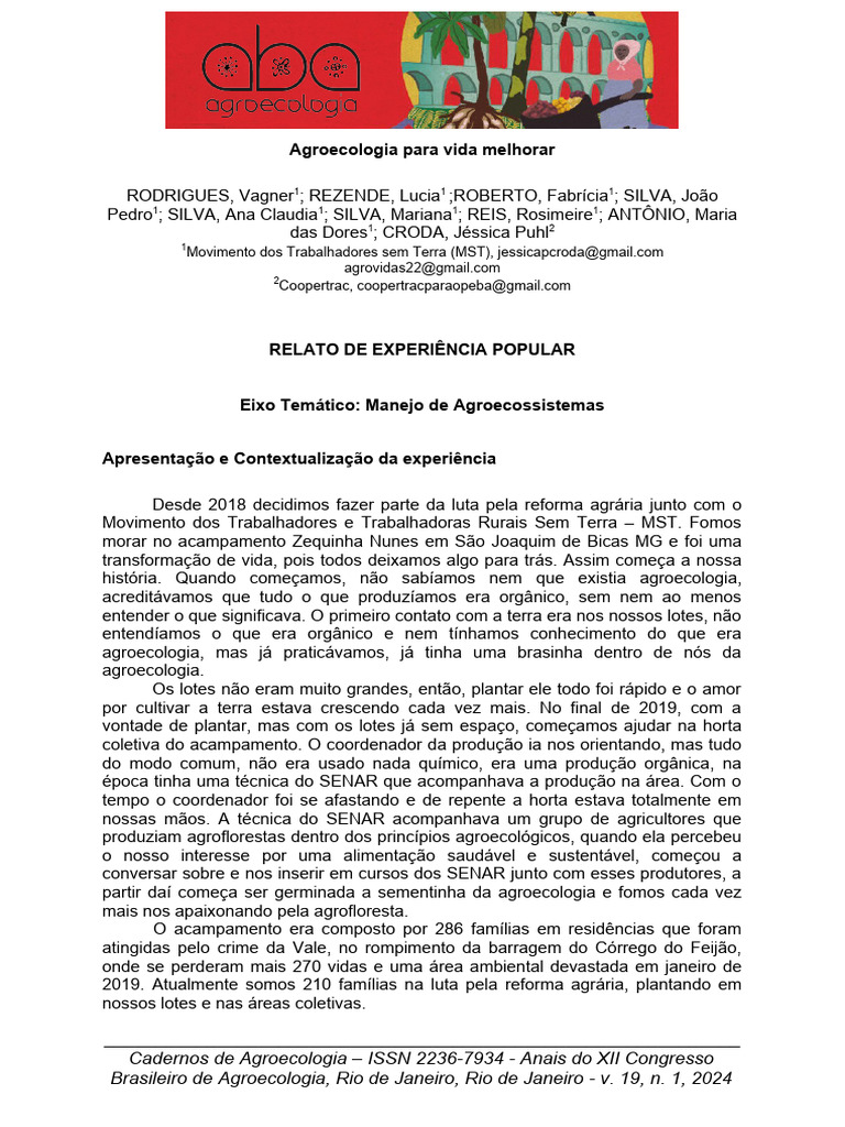 Relato-de-Experiencia-Popular - XII-CBA Acampamento Zequinha Nunes | PDF | Agroecologia | Natureza