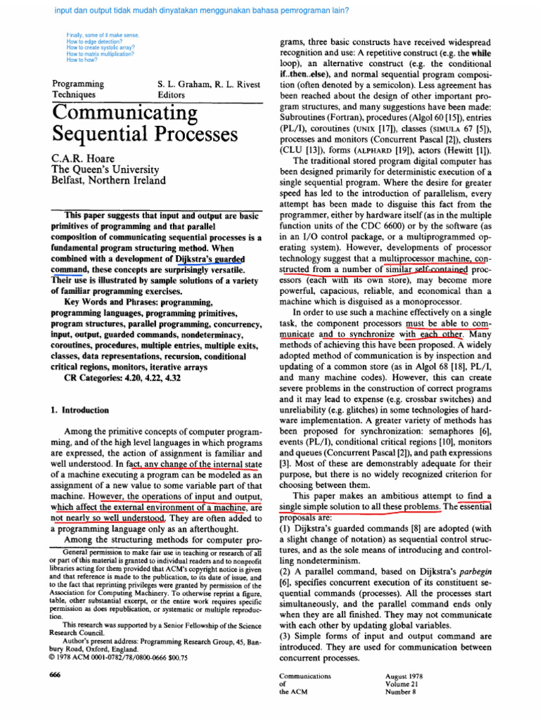 3 - Hoare78 CSP | PDF | Input/Output | Programming