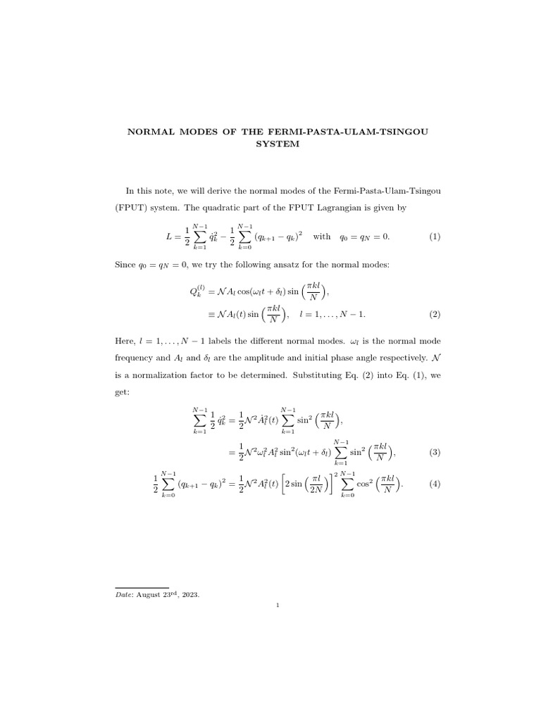 FPUT System Normal Modes Derivation | PDF | Normal Mode | Physics